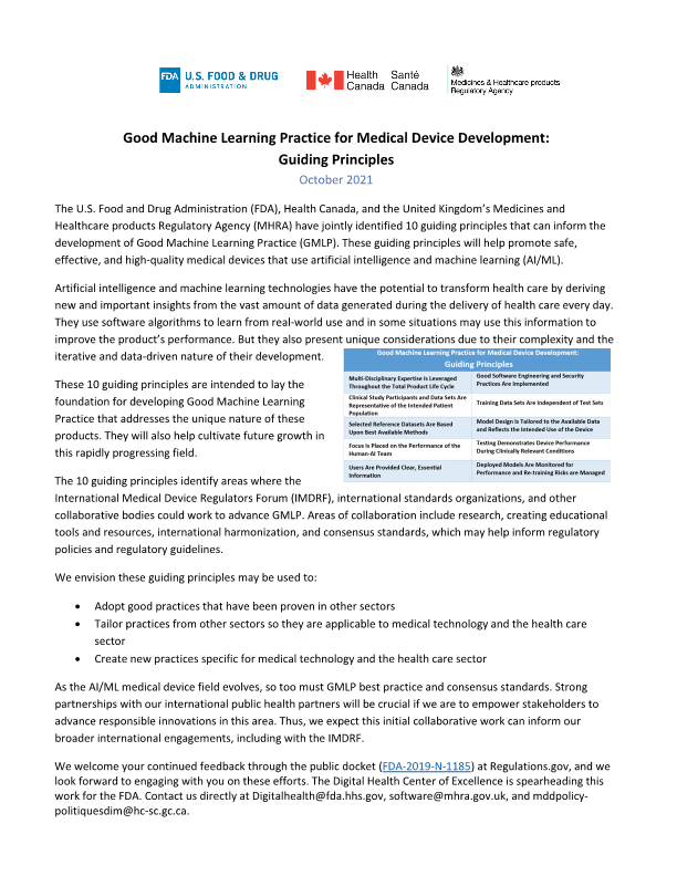Good Machine Learning Practice for Medical Device Development: Guiding ... Good Machine Learning Practice for Medical Device Development: Guiding ...